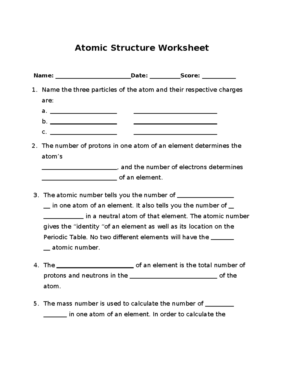 Atomic Structure Worksheet: Key Concepts and Exercises - Studocu