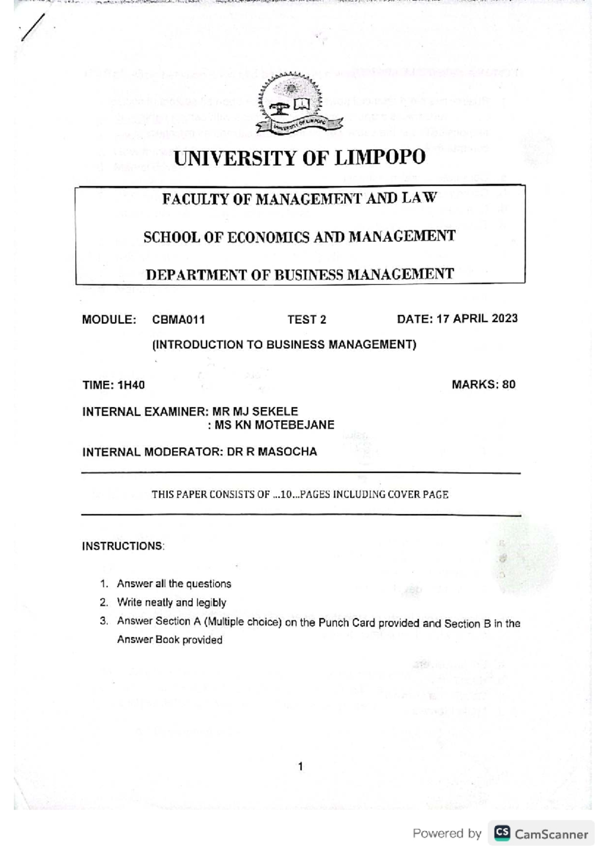 CBMA011 Test 2 Past Questions: Introduction to Business Management ...