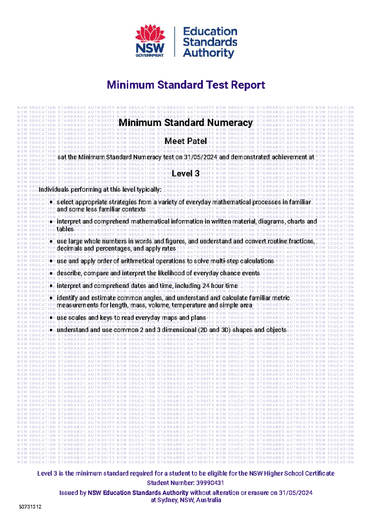 Minimum Standard Numeracy Test Report for Meet Patel (NSW) - Studocu