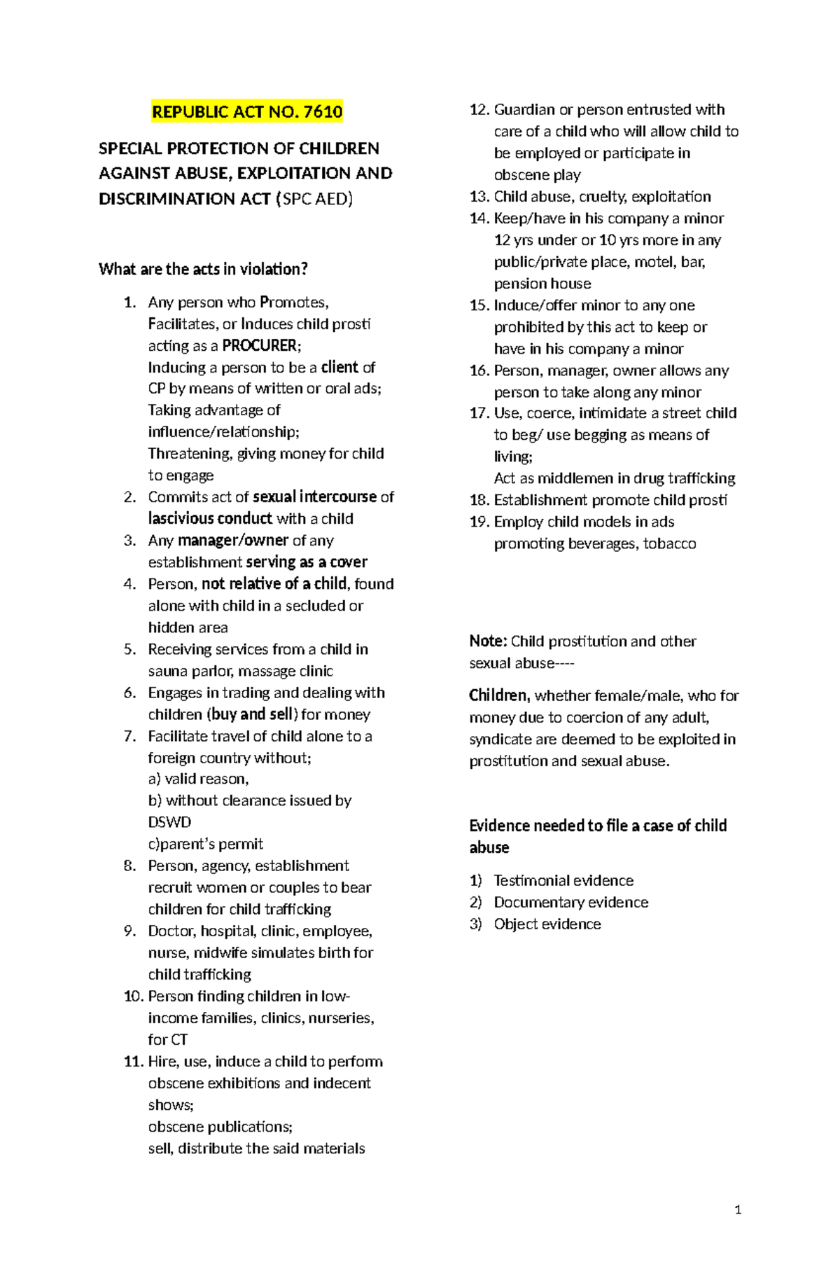 REPUBLIC ACT NO. 7610: Violations & Evidence for Child Protection - Studocu