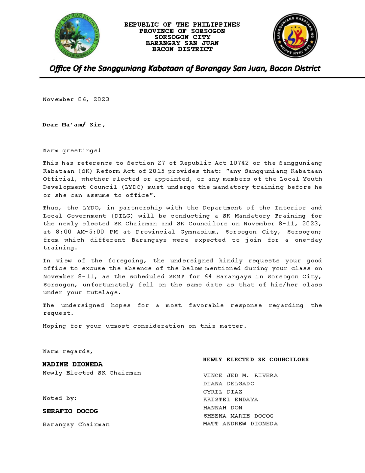 OFFICIAL EXCUSE LETTER - November 06, 2023 Dear Ma’am/ Sir, Warm greetings! This has reference ...