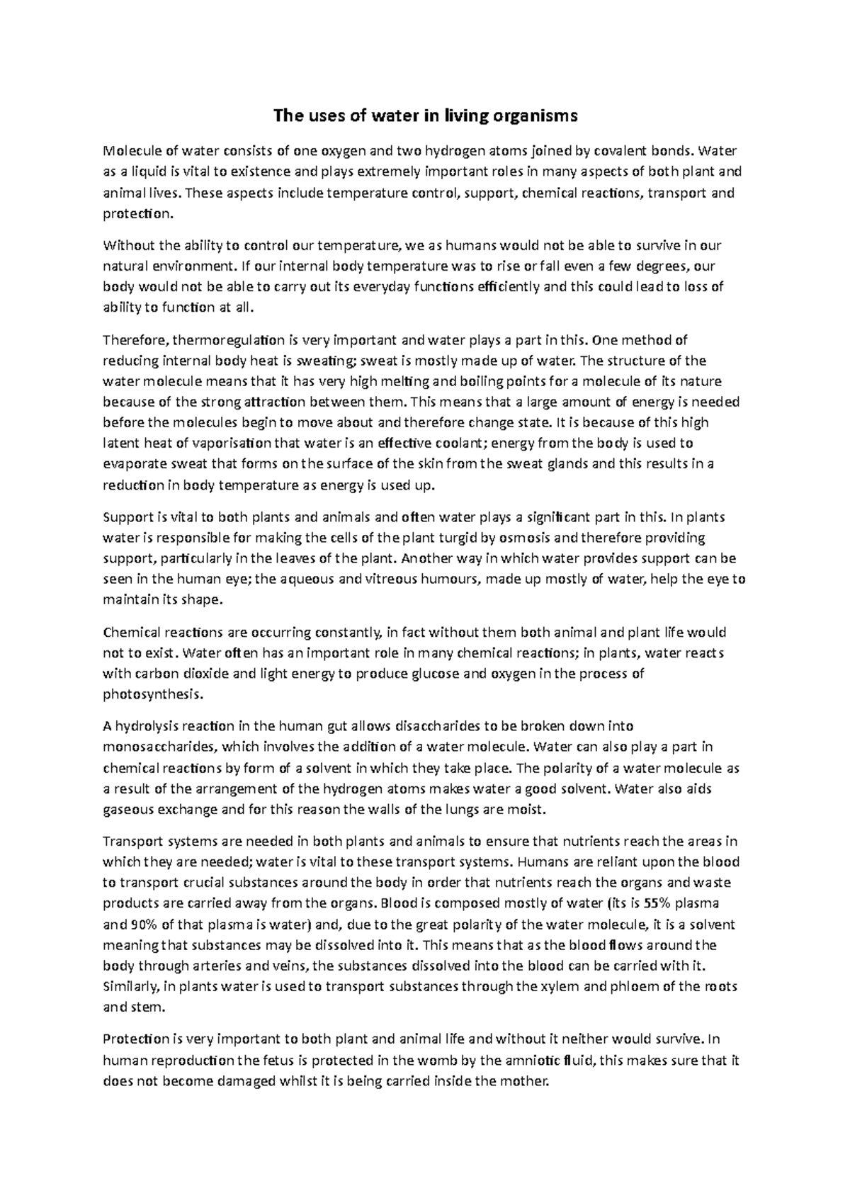 The Role of Water in Living Organisms: Functions and Importance - Studocu