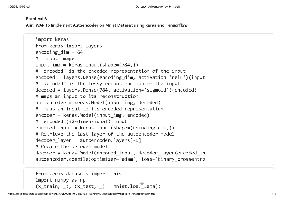 DL_Lab6_Autoencoder.ipynb - Implementing Autoencoder on MNIST - Studocu