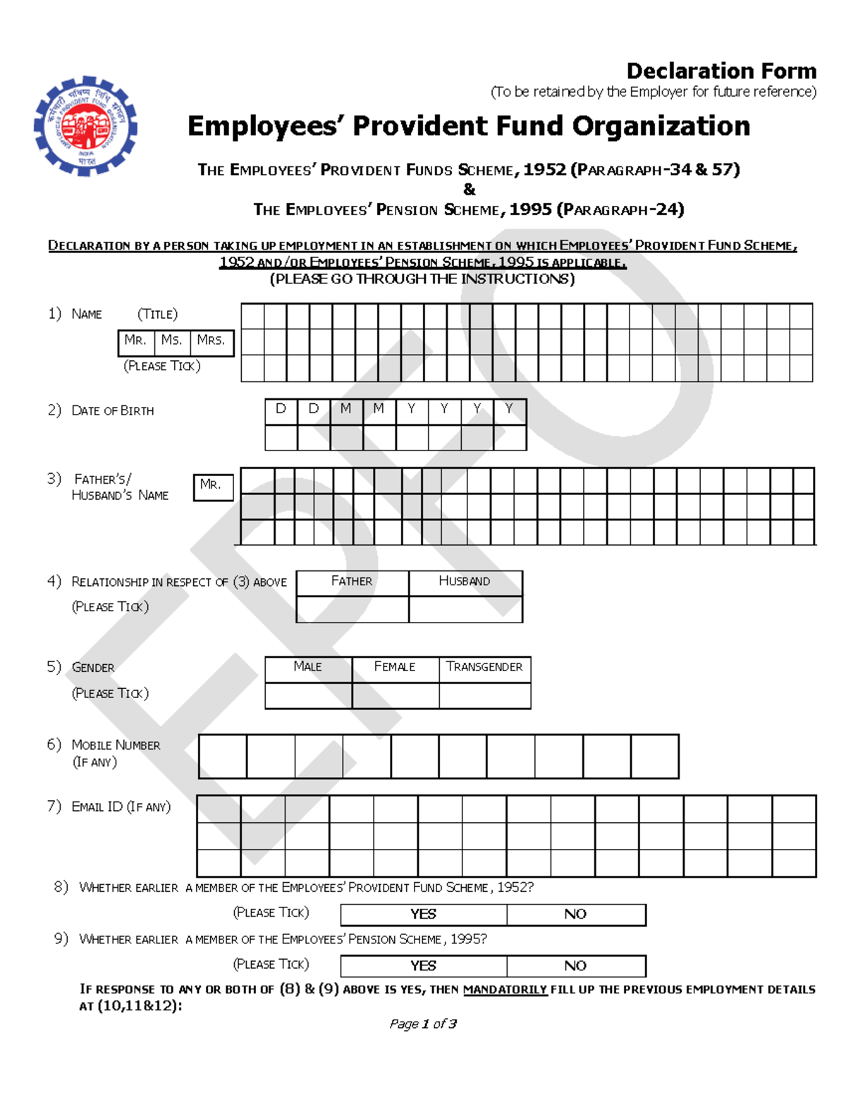 Employees' Provident Fund Declaration Form (EPF) for New Employees ...