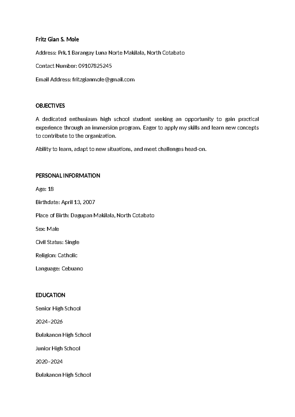 Fritz Gian S. Mole - Resume for Immersion Program - Studocu