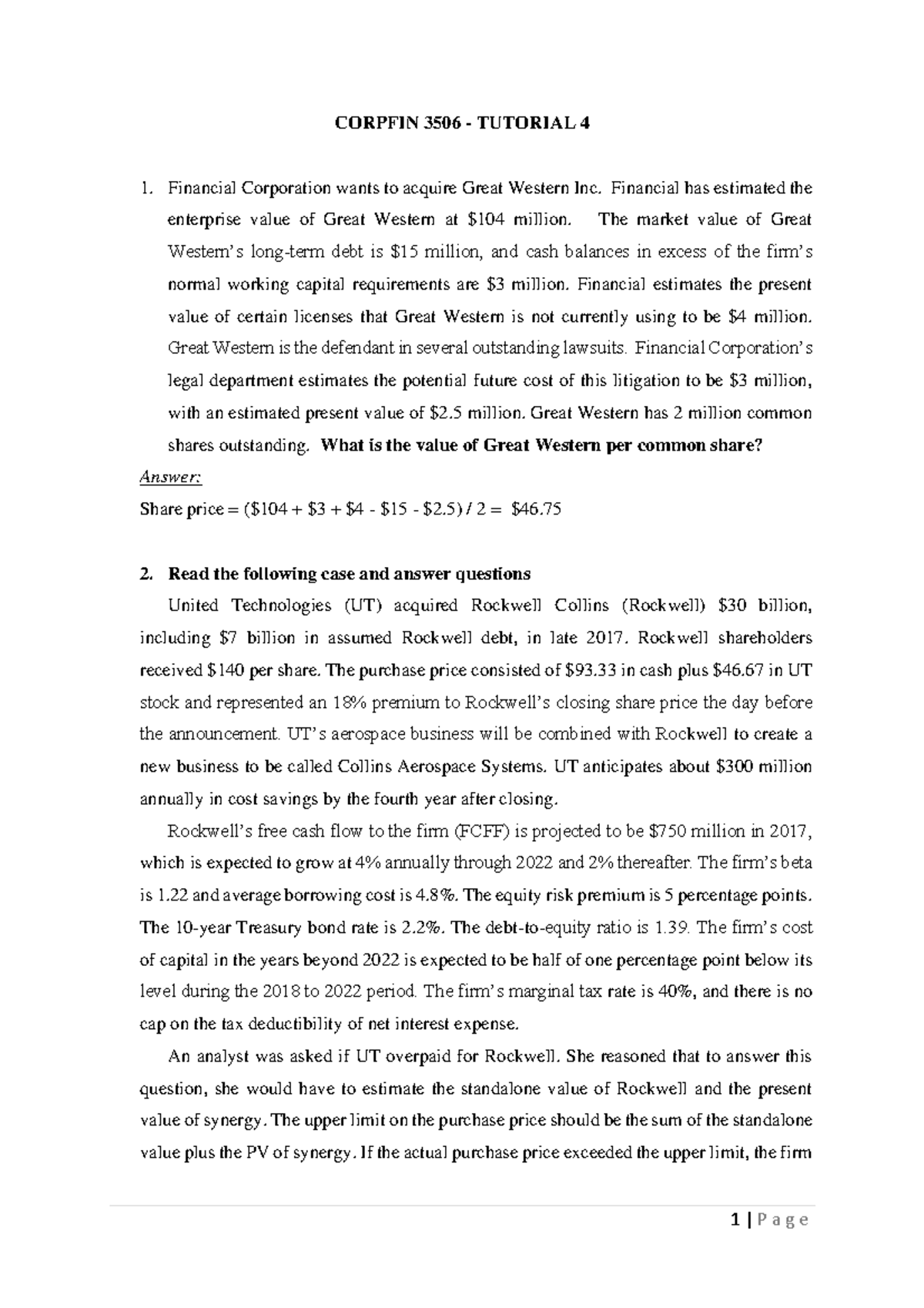 CORPFIN 3506 TUTORIAL 4 SOLUTIONS: VALUATION OF ACQUISITIONS - Studocu