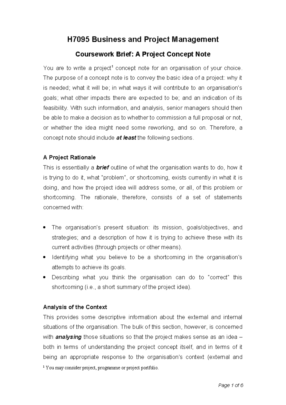 H7095 Business & Project Management: Coursework Concept Note Guide ...