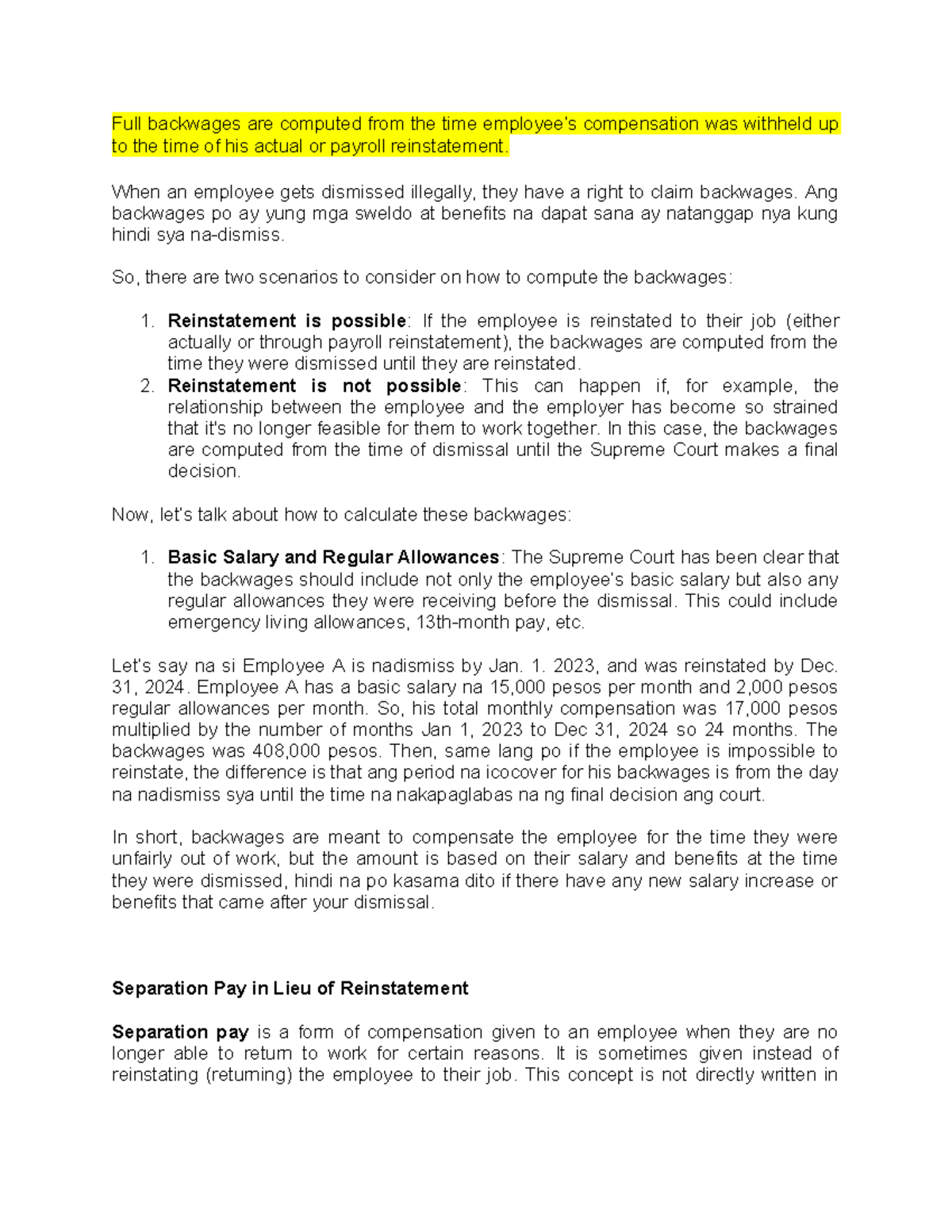 Computation of Backwages and Separation Pay in Labor Law - Studocu