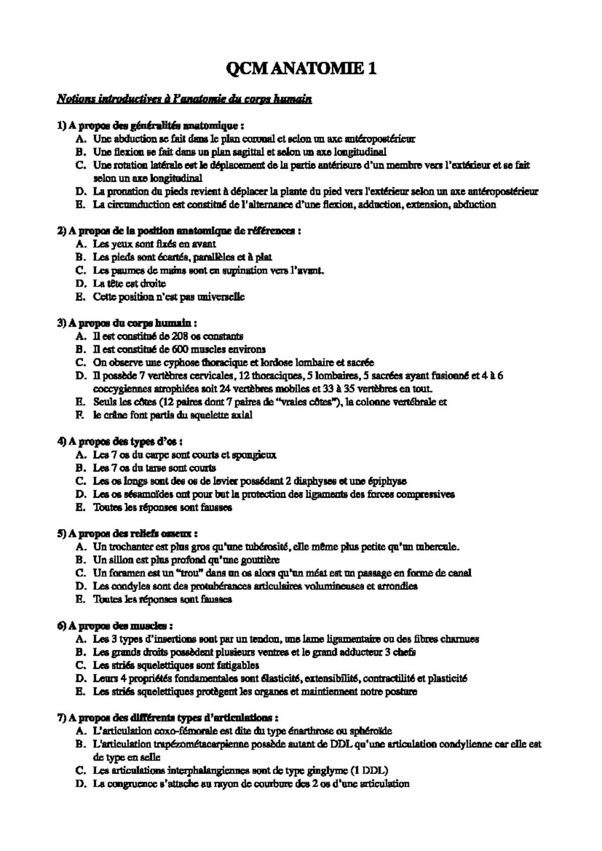 QCM ANATOMIE 1 : Notions Introductives sur le Corps Humain - Studocu