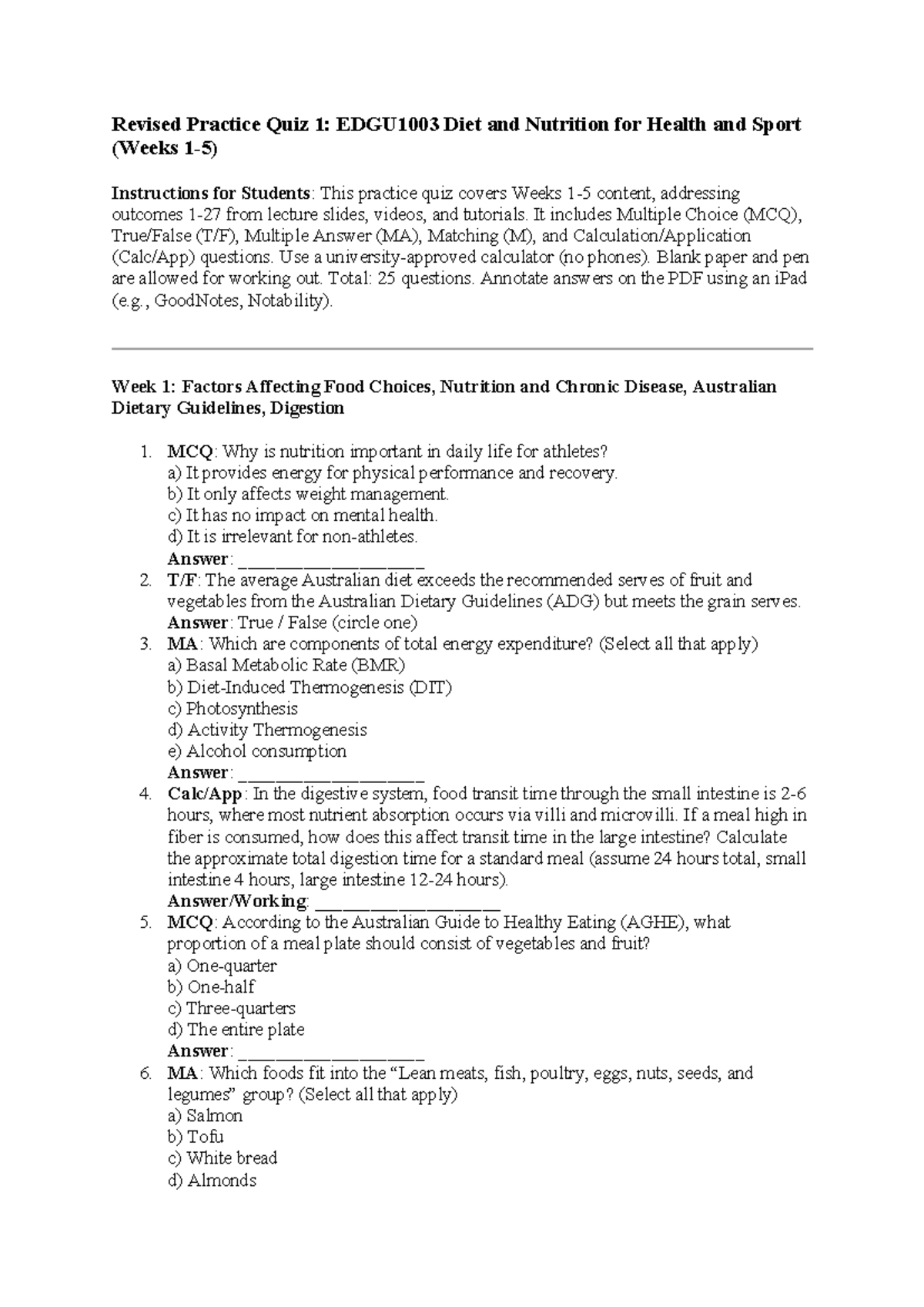 Revised Practice Quiz 1: EDGU1003 Diet & Nutrition for Health and Sport ...
