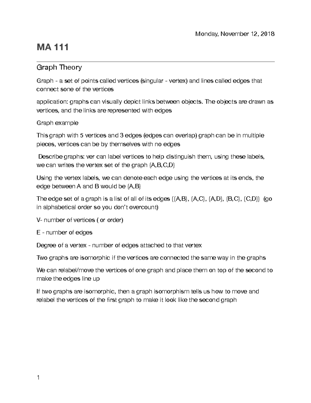 MA 111 Graph Theory PDF - MA 111 Graph Theory Graph - a set of points ...