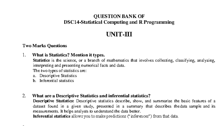 R Unit-III Question Bank: Computing & R Programming Two Marks Questions ...