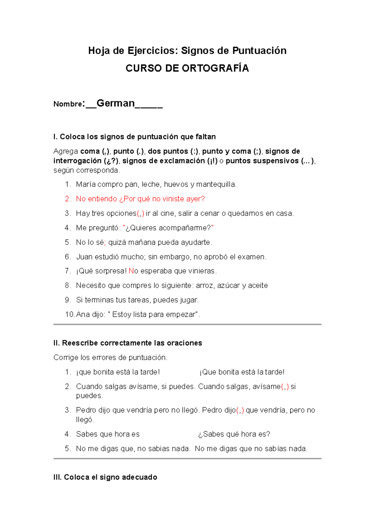 Ejercicios de Puntuación: Correcciones y Ejemplos - CURSO DE ORTOGRAFÍA ...