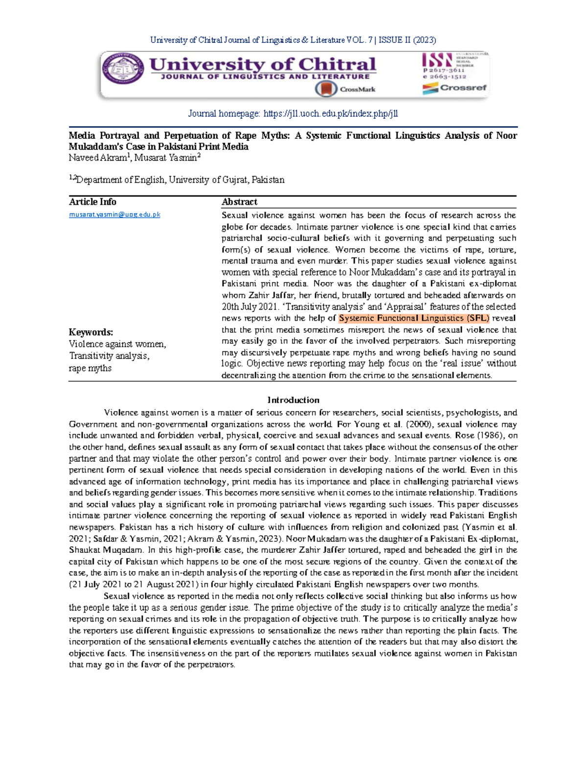Media Portrayal and Rape Myths: A SFL Analysis of Noor's Case (VOL. 7 ...