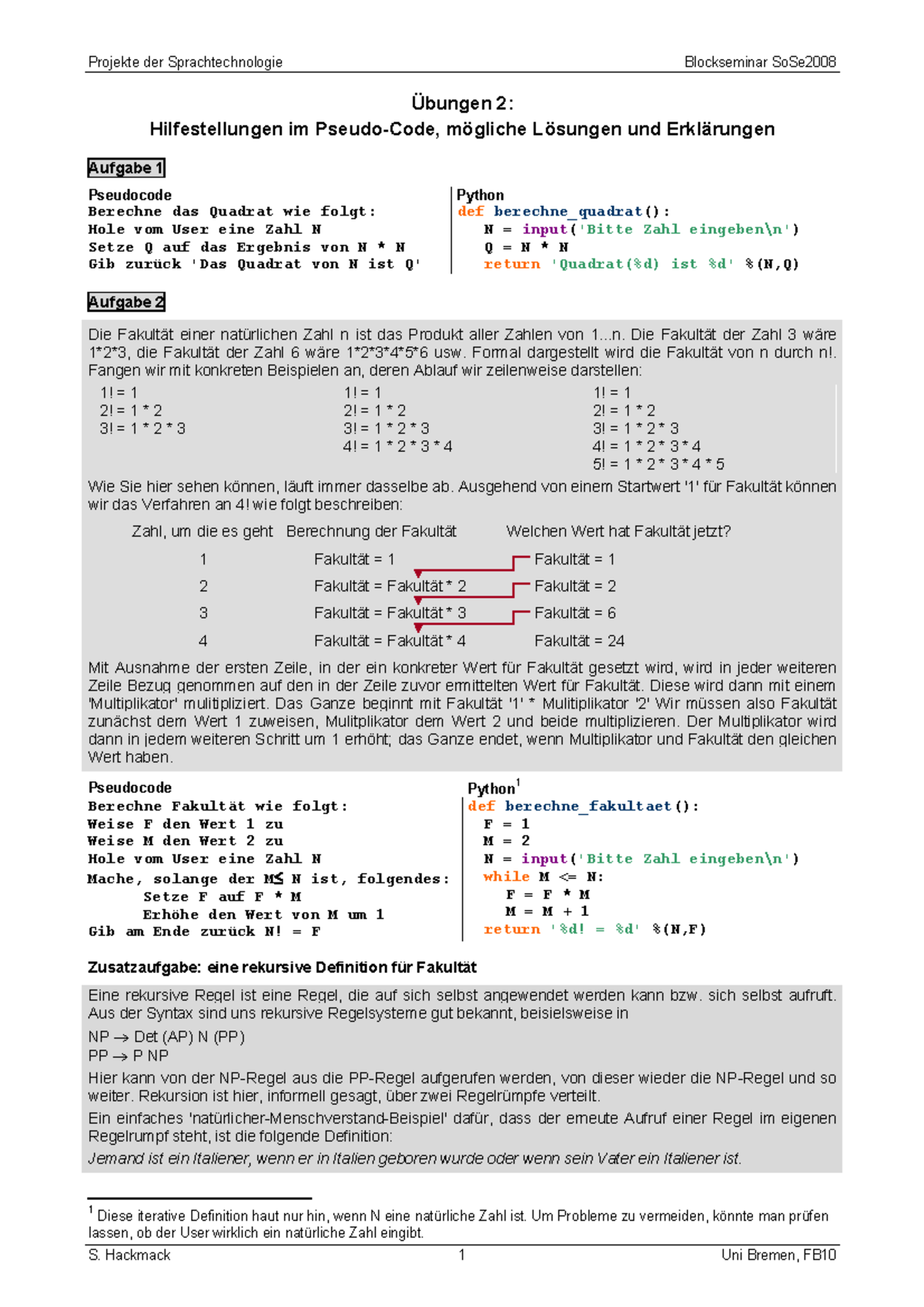 Ueb2loe - Pseudocode Übungsblätter mit Lösungen und Erklärungen - Studocu