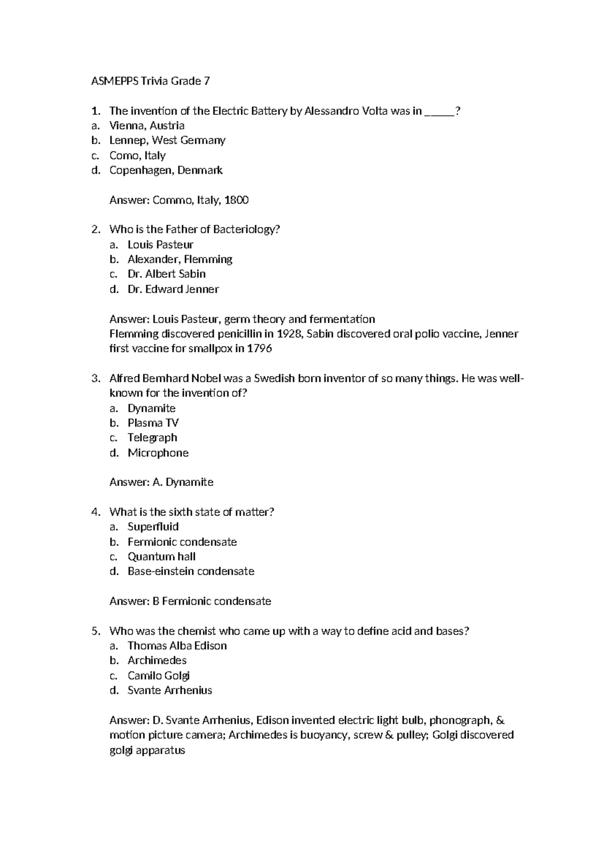 ASMEPPS Grade 7 Trivia Review and Key Answers - Studocu