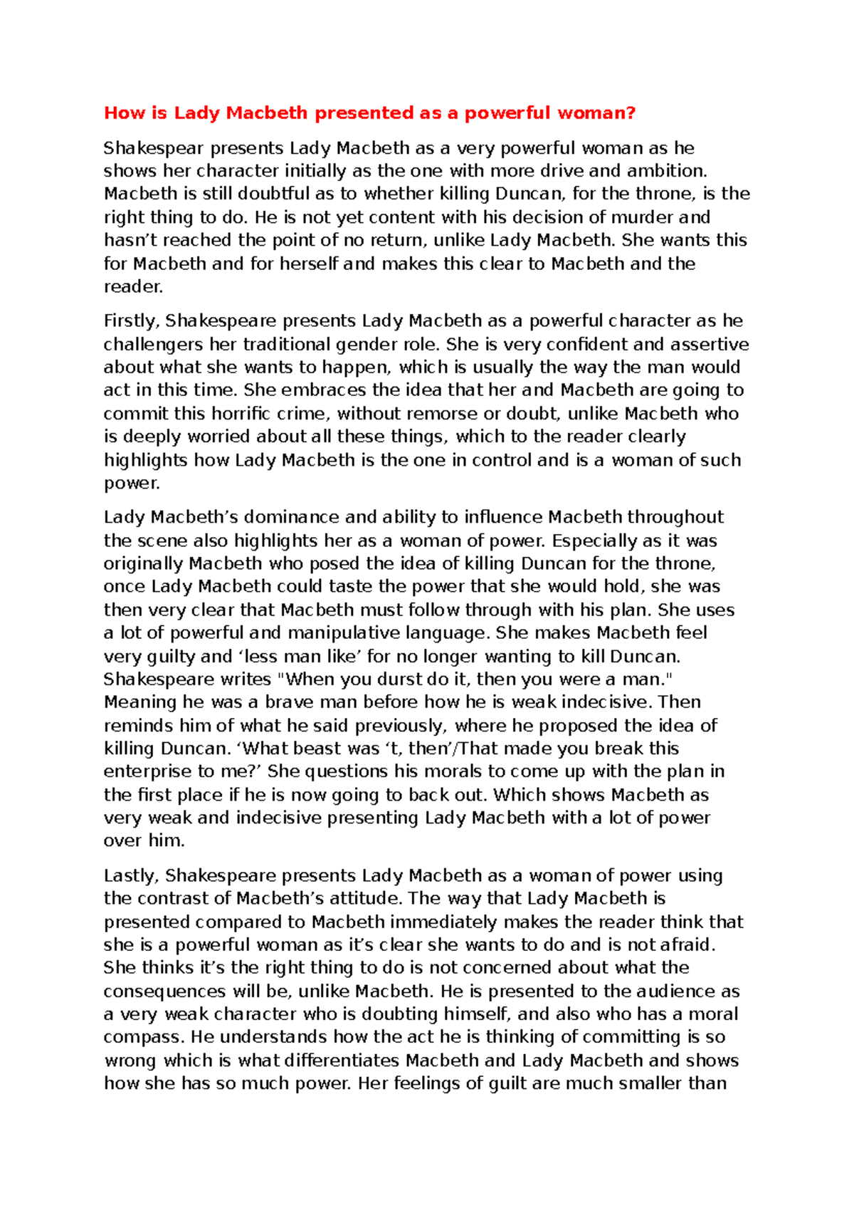 20 marker examples for English coursework Macbeth - How is Lady Macbeth ...