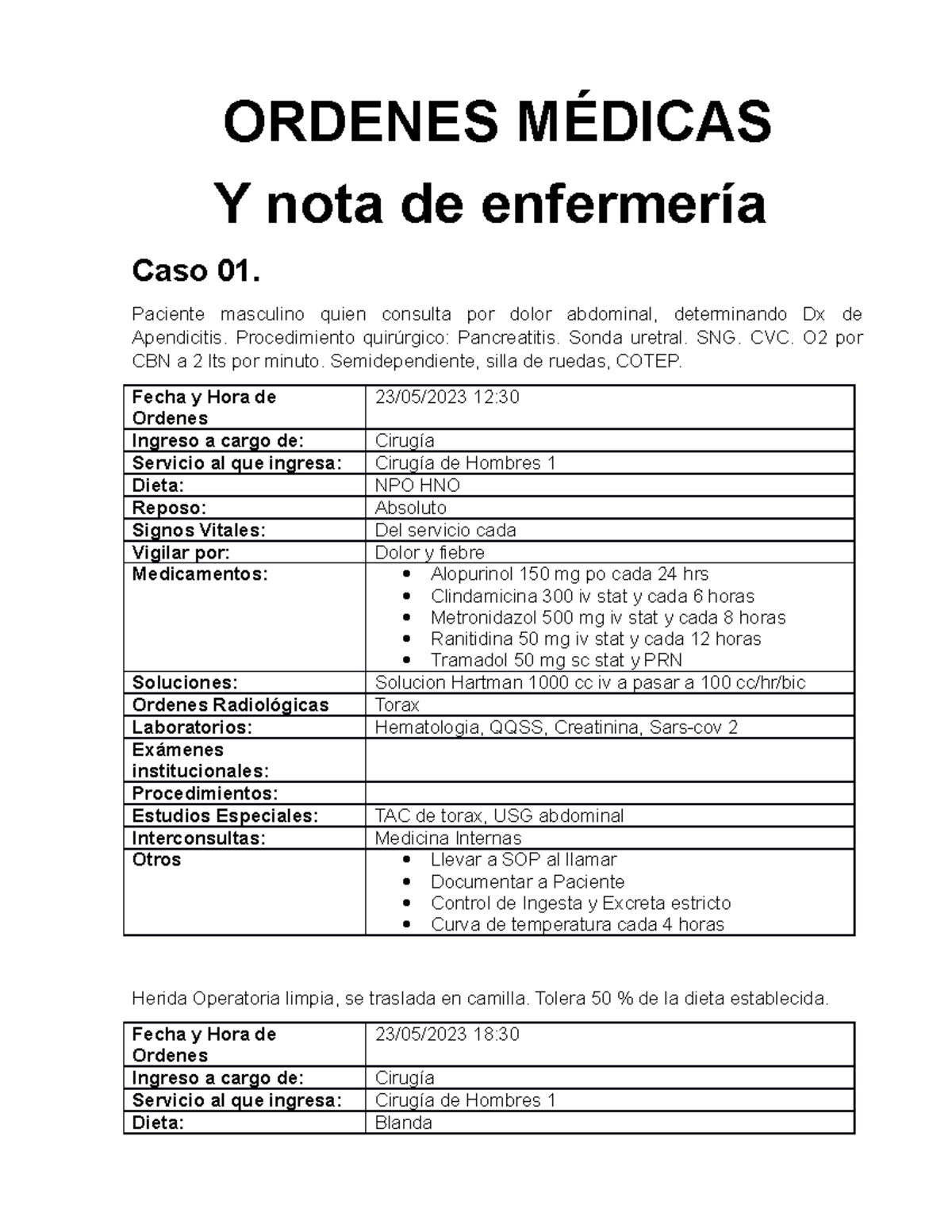 Órdenes Médicas y Notas de Enfermería para Casos Clínicos - Studocu
