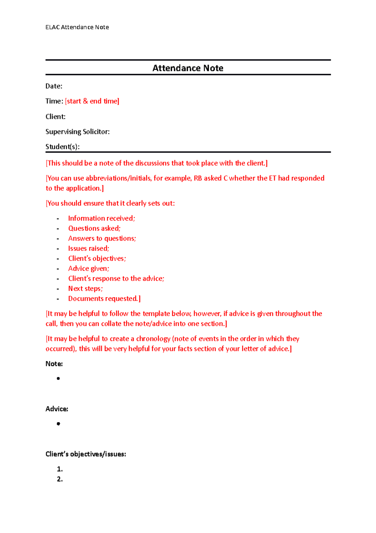 ELAC Attendance Note Template for Client Discussions & Follow-up - Studocu