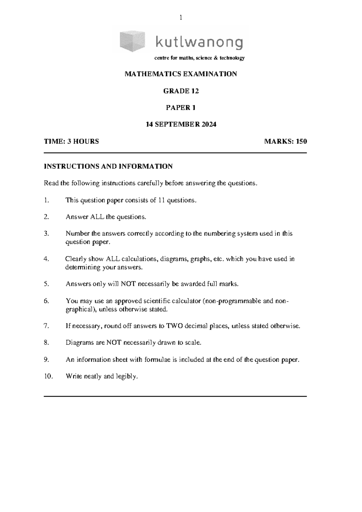 Mathematics Examination Grade 12 Paper 1 - Kutlwanong P1 (Higher Order ...
