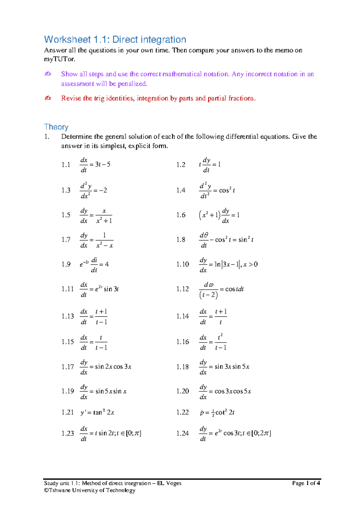 Method of Direct Integration - Worksheet 1.1 (Math 101) - Studocu