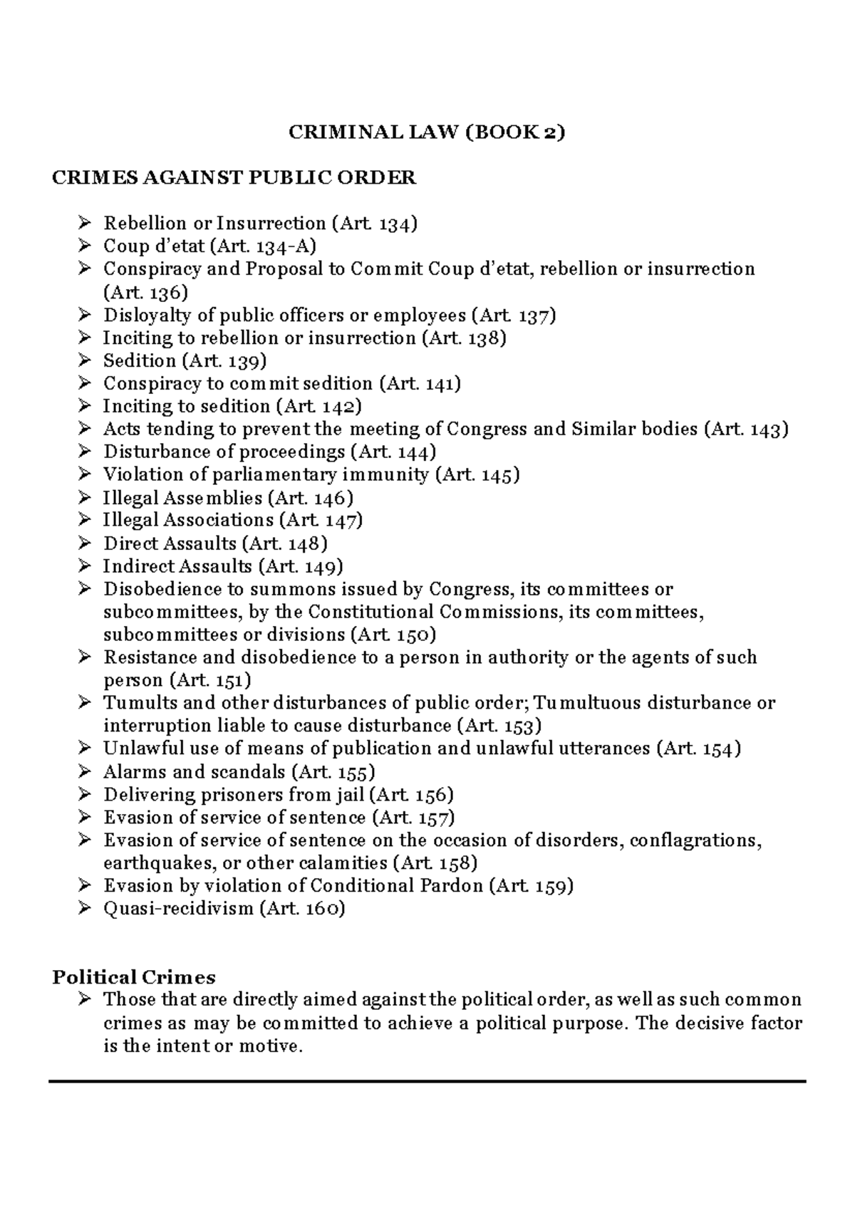 CRIMINAL LAW (BOOK 2) - Crimes Against Public Order Overview - Studocu