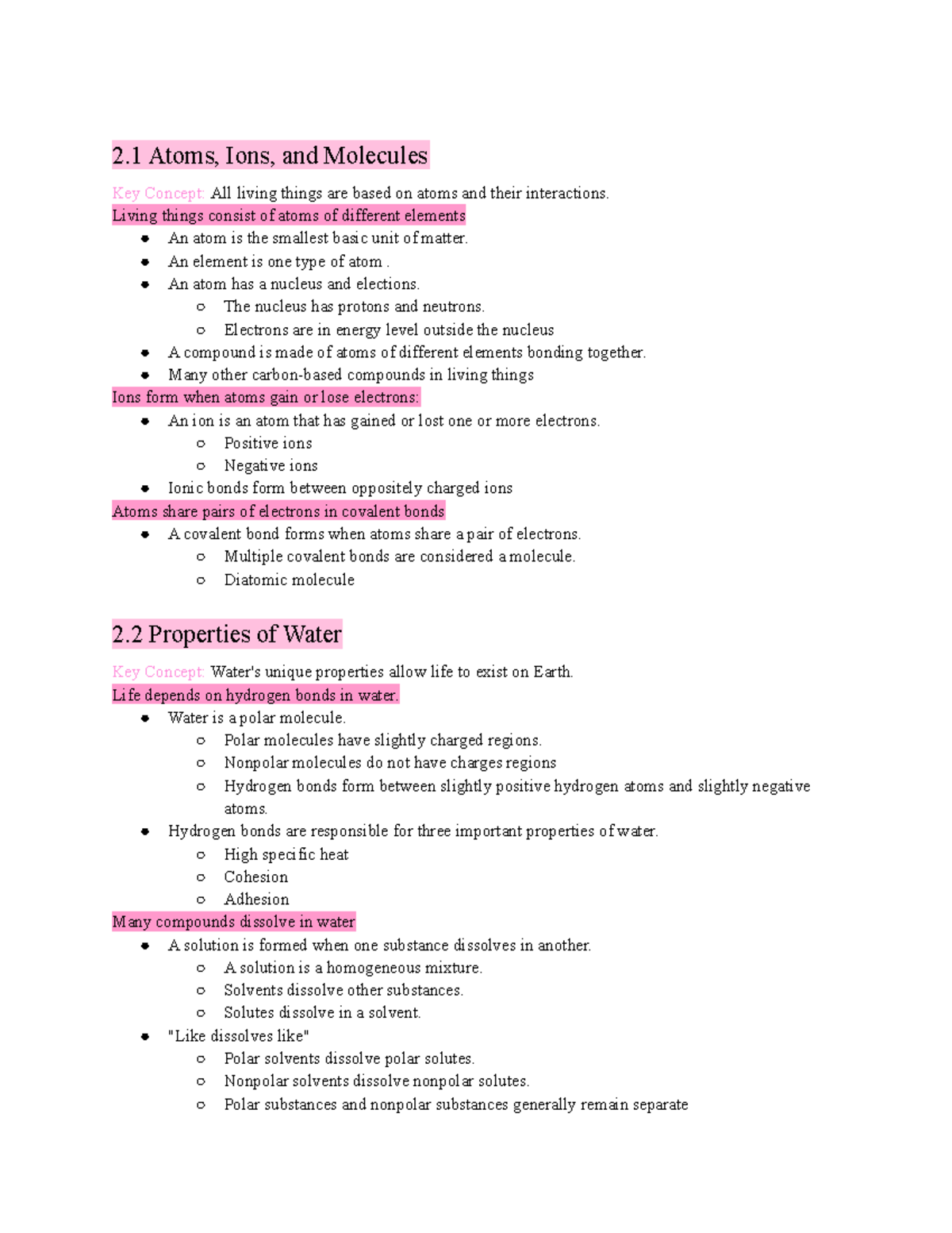 Biology 101: Chapter 2 Notes on Atoms, Molecules, and Water Properties ...