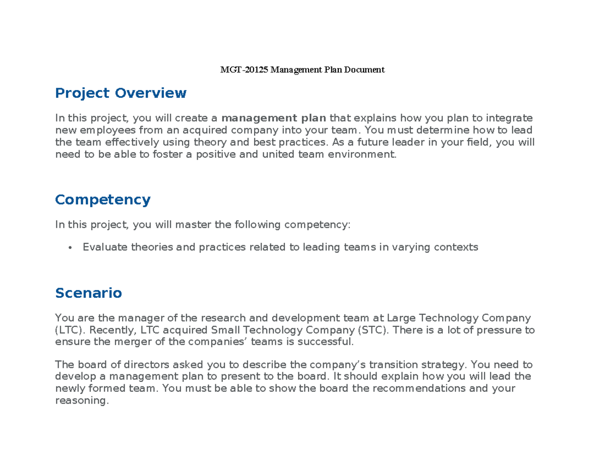 MGT-20125 Final Exam Management Plan for Employee Integration - Studocu
