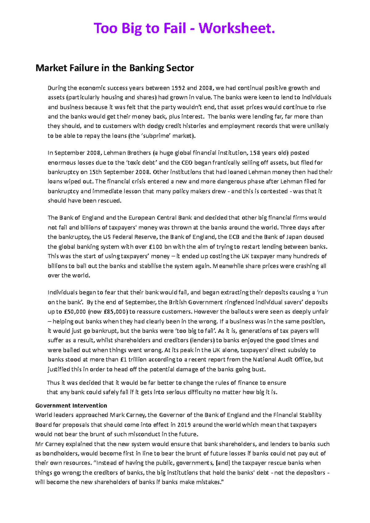 Too Big to Fail - Worksheet - Market Failure in the Banking Sector ...