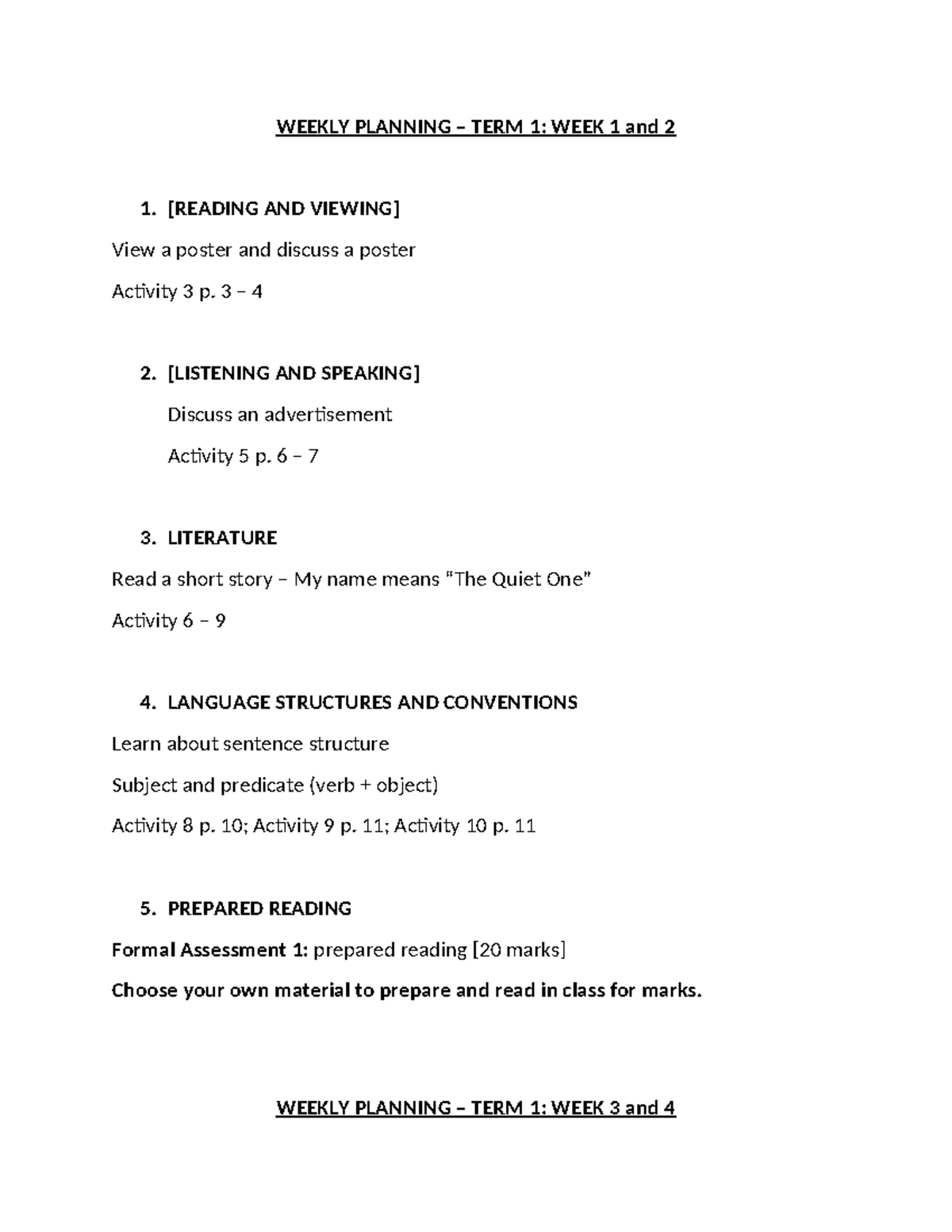 Grade 9 FAL - Weekly Planning Overview for Term 1 (Weeks 1-6) - Studocu