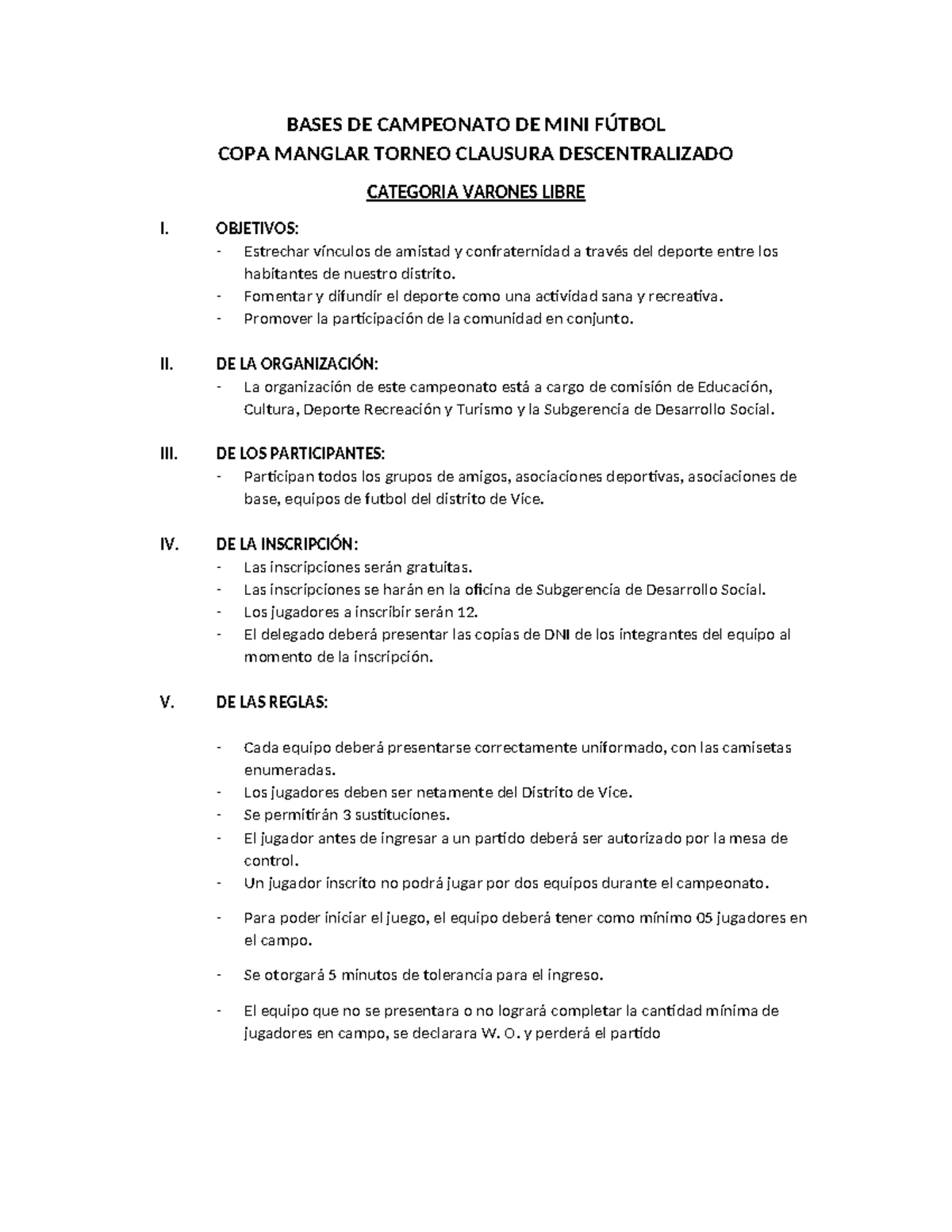 Bases del Campeonato de Mini Fútbol - Copa Manglar 2023 - Studocu