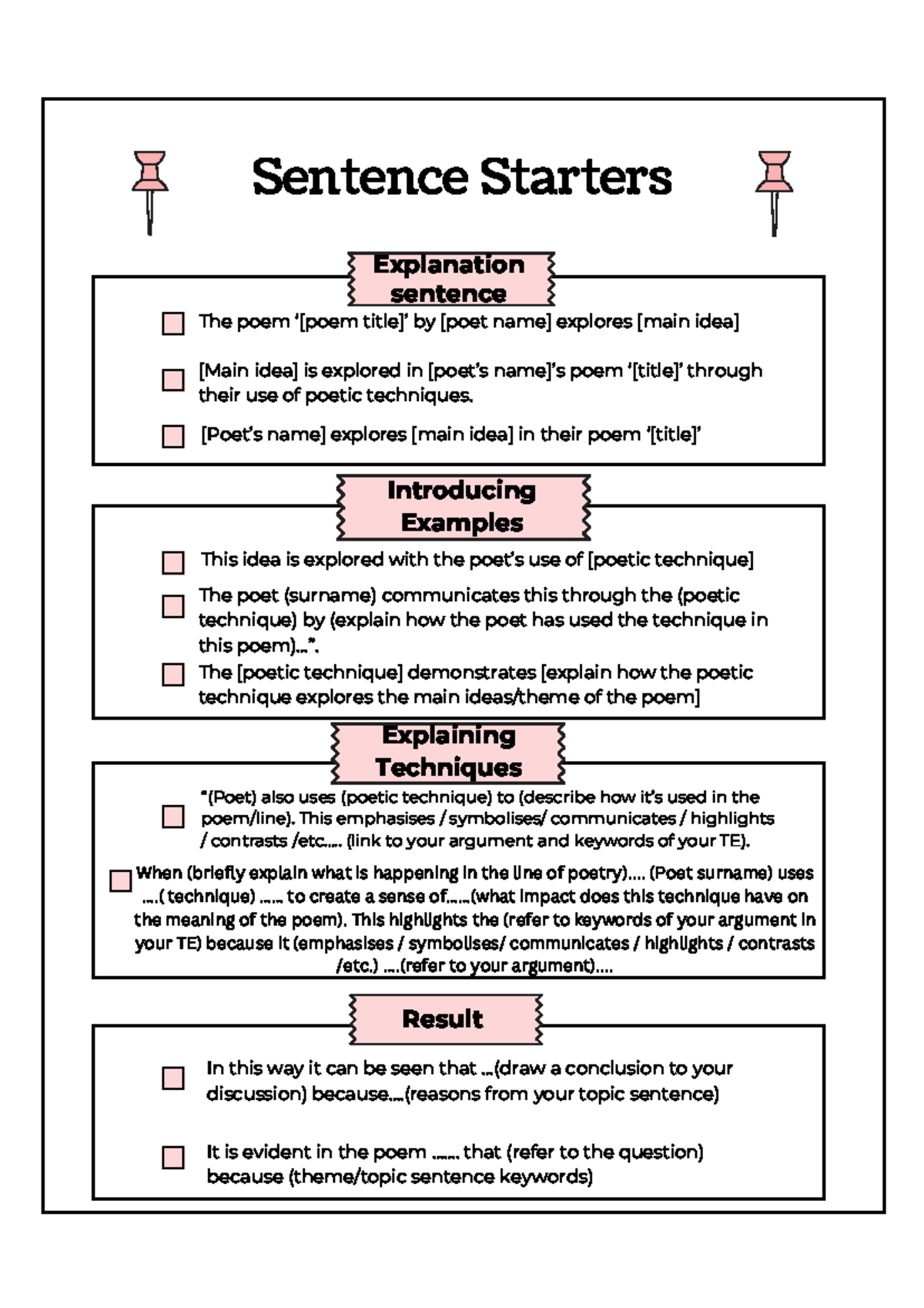 Y7 Poetry Analysis Sentence Starters and Techniques Guide - Studocu