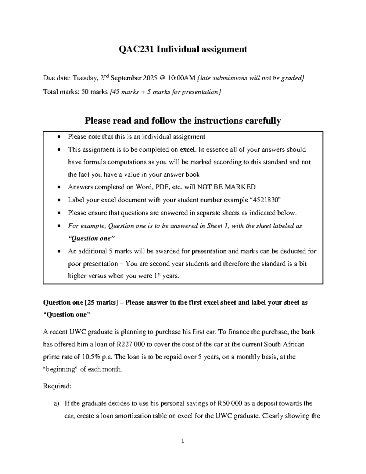QAC231 Individual Assignment: Excel Loan Amortization & Cash Flow ...