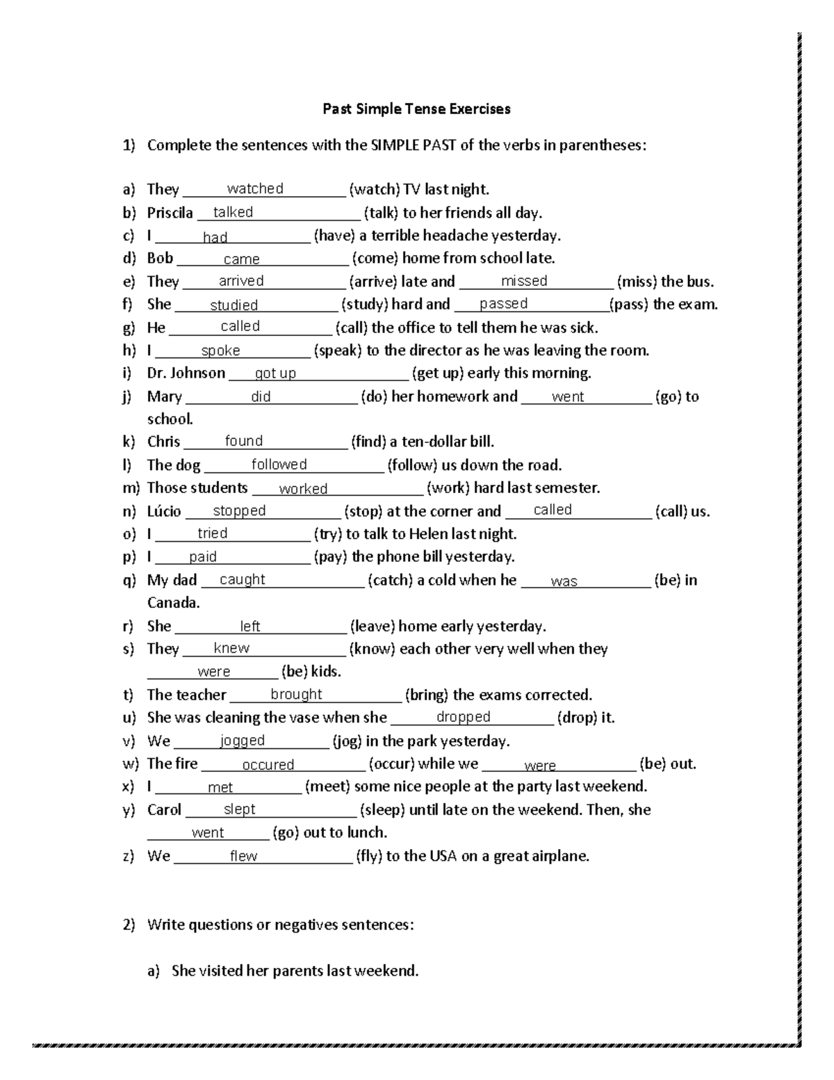 Past Simple Tense Exercises - Apuntes de Ejercicios - Studocu