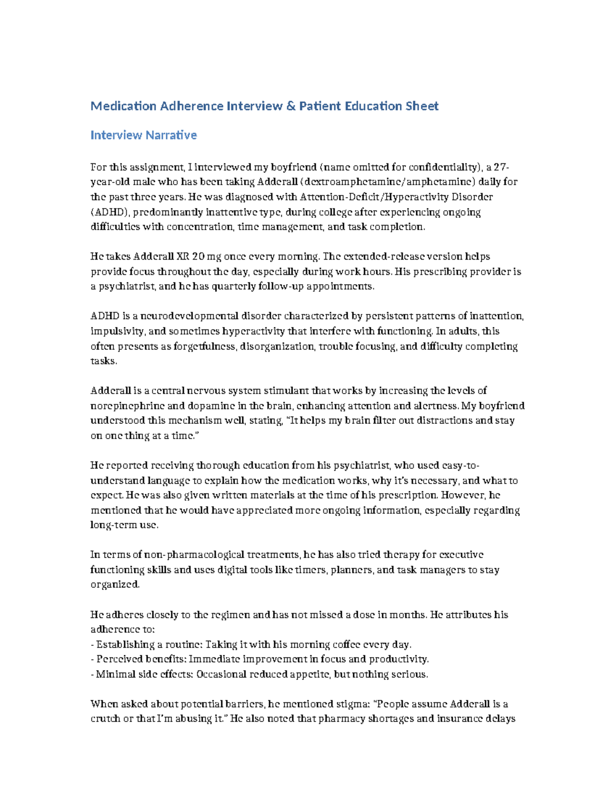 Medication Adherence Interview: Insights on Adderall Use and Education ...
