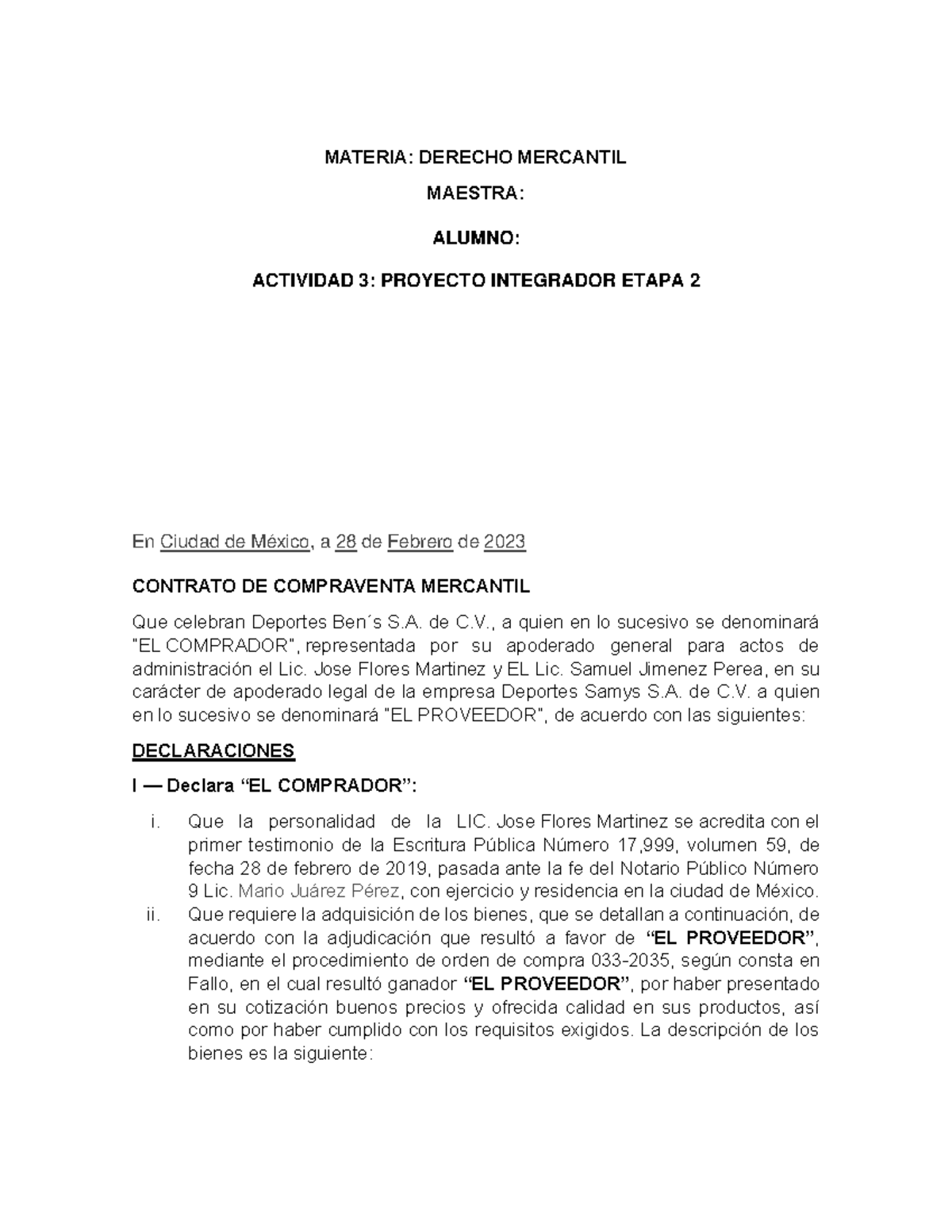 Proyecto Integrador Etapa 2 - Derecho Mercantil A3 - Studocu