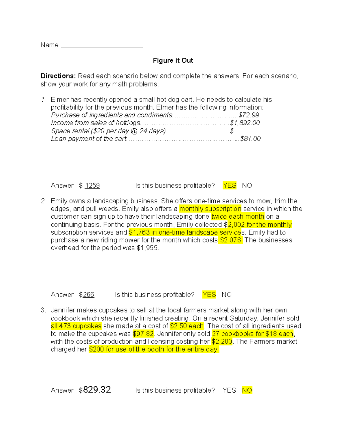 Copy of Figure it Out: Business Profitability Scenarios - Studocu