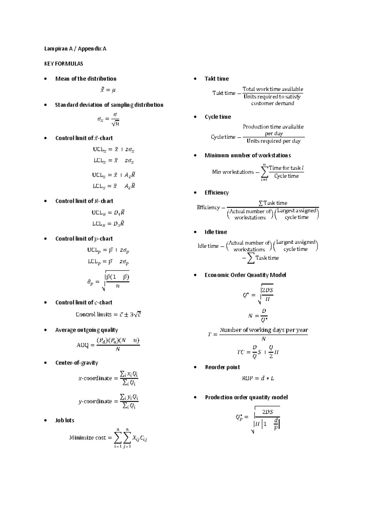 Formula Sheet Operation Management - Lampiran A / Appendix A KEY FORMULAS Mean of the ...