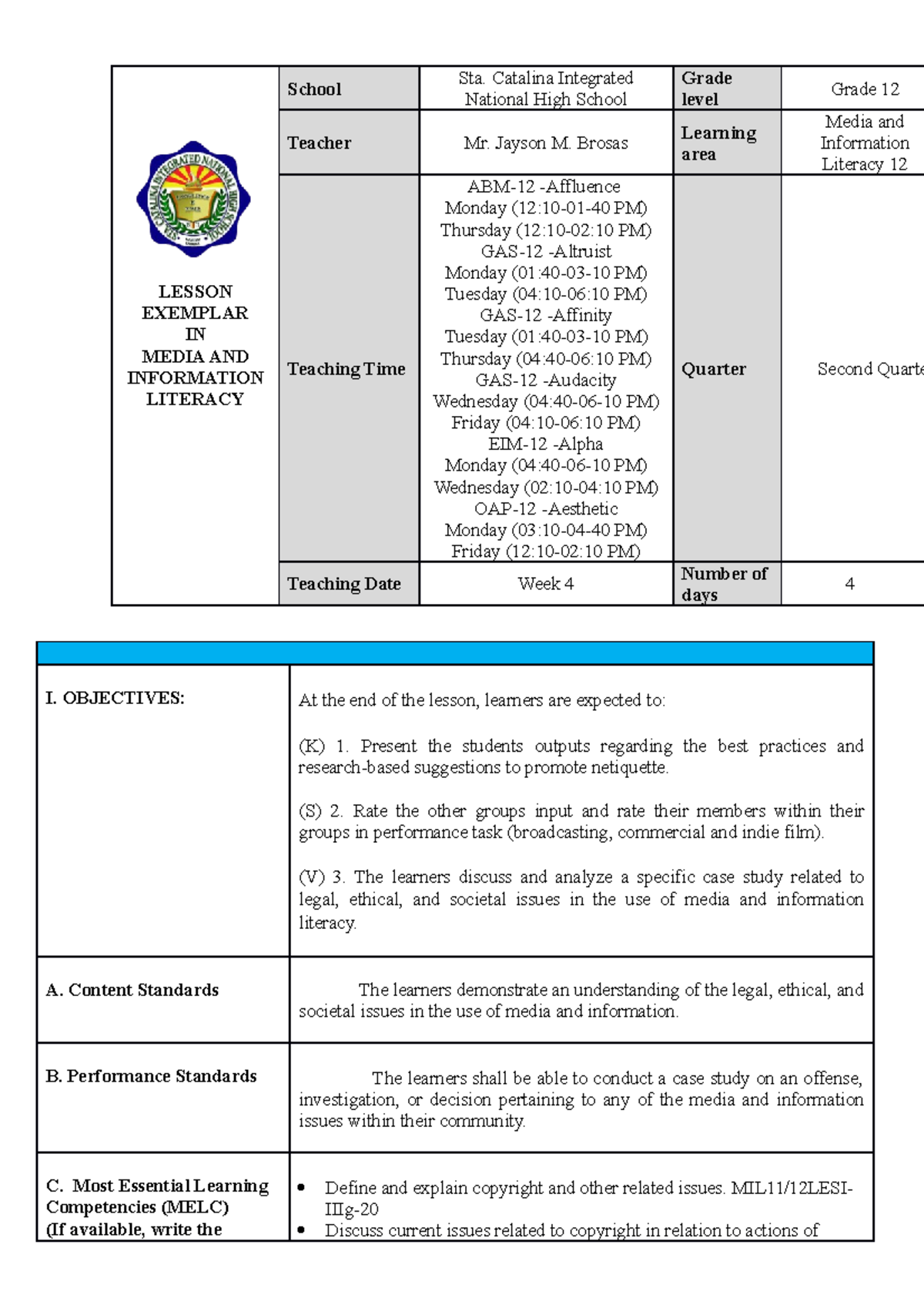 Lesson Plan: Media and Information Literacy in Grade 12 (MIL12) - Studocu