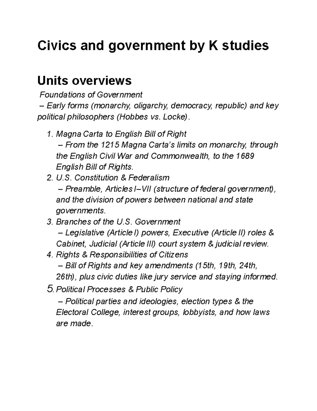 Civics K Studies: Foundations of Government & Key Political ...