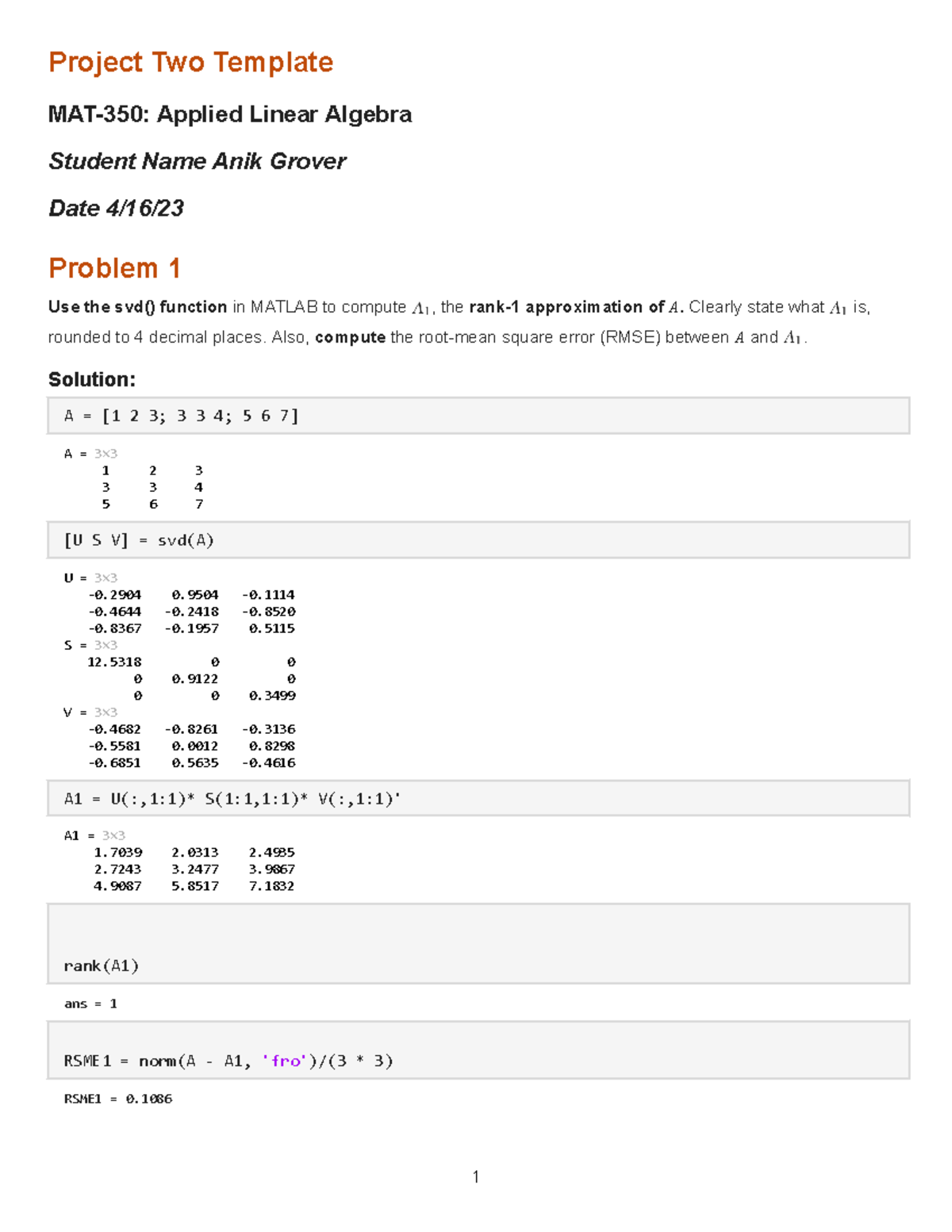 Project 2 Mat 350 - Project Two Template MAT-350: Applied Linear Algebra Student Name Anik ...