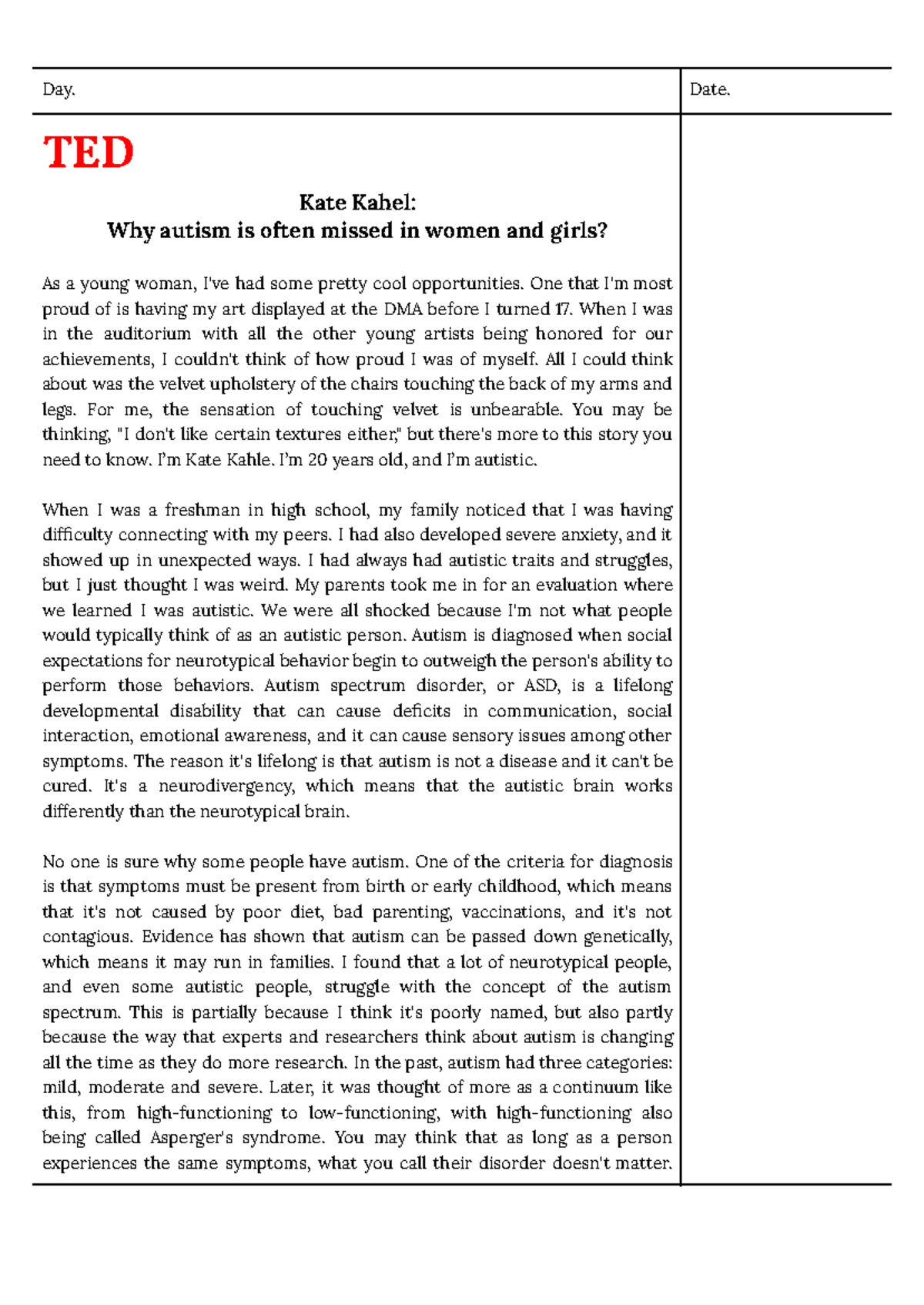 WHY Autism IS Often Missed IN Women AND Girls - Day. Date. TED Kate ...