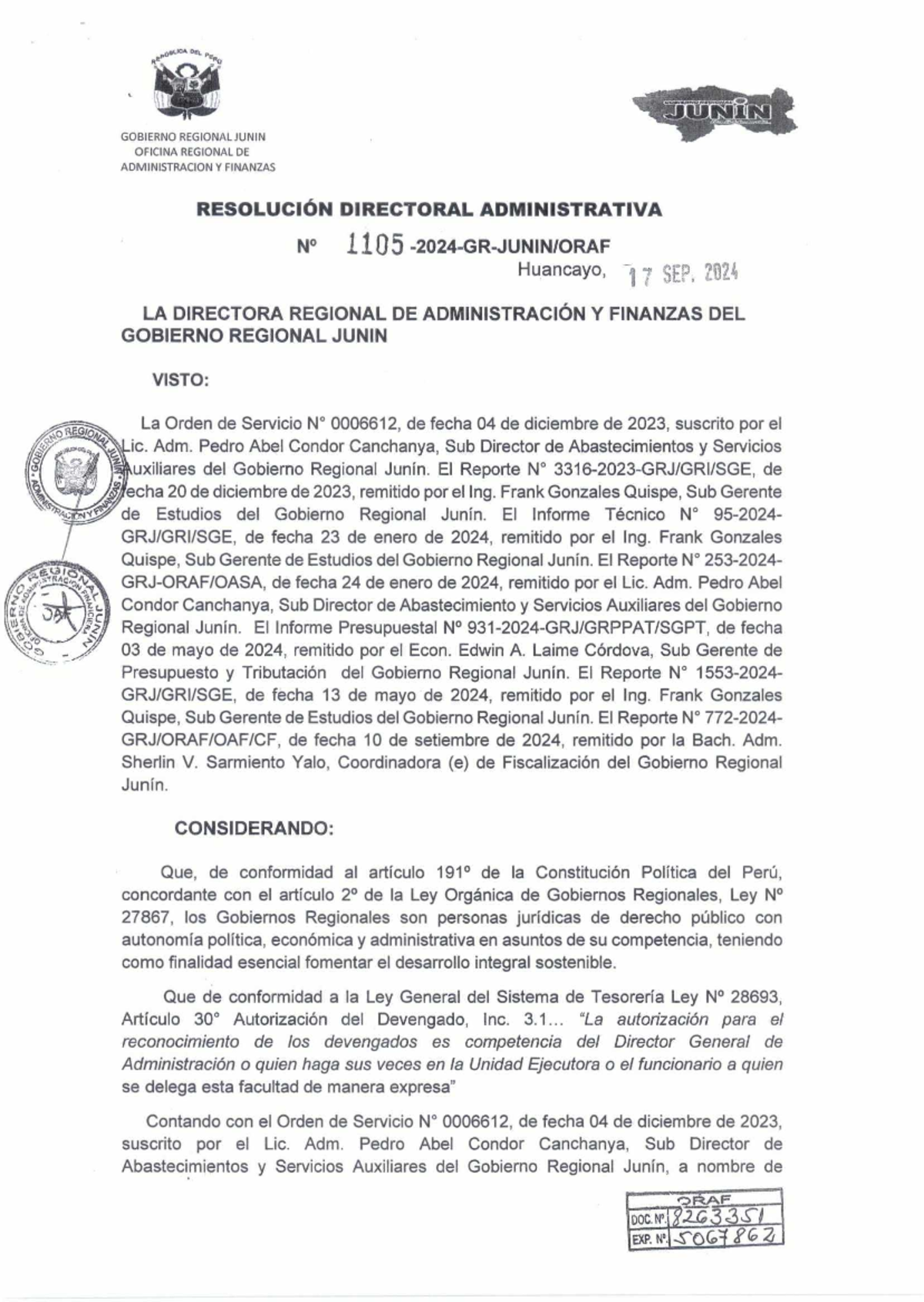 Resolución Directoral Administrativa N° 1105-2024-GR-JUNIN-ORAF - Studocu