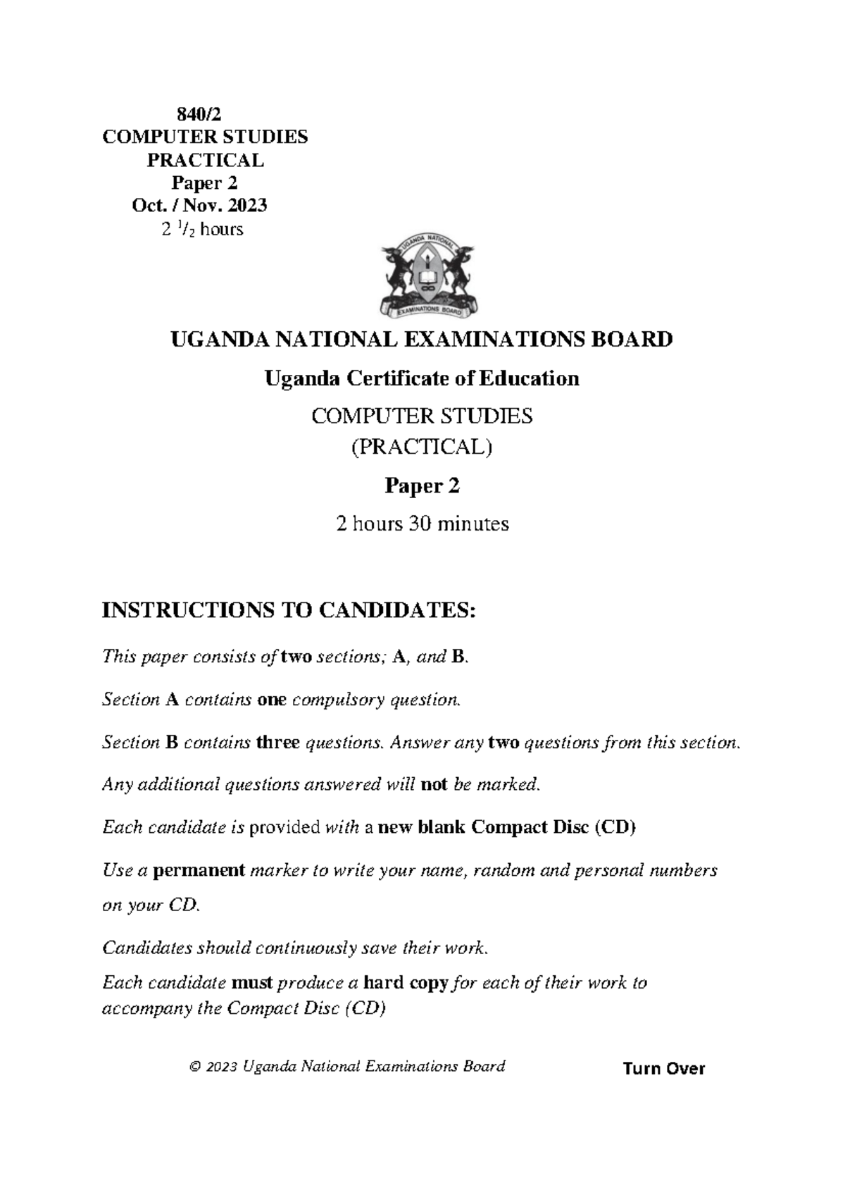 UNEB Computer Studies Practical Paper 2 (840-2) Instructions 2023 - Studocu