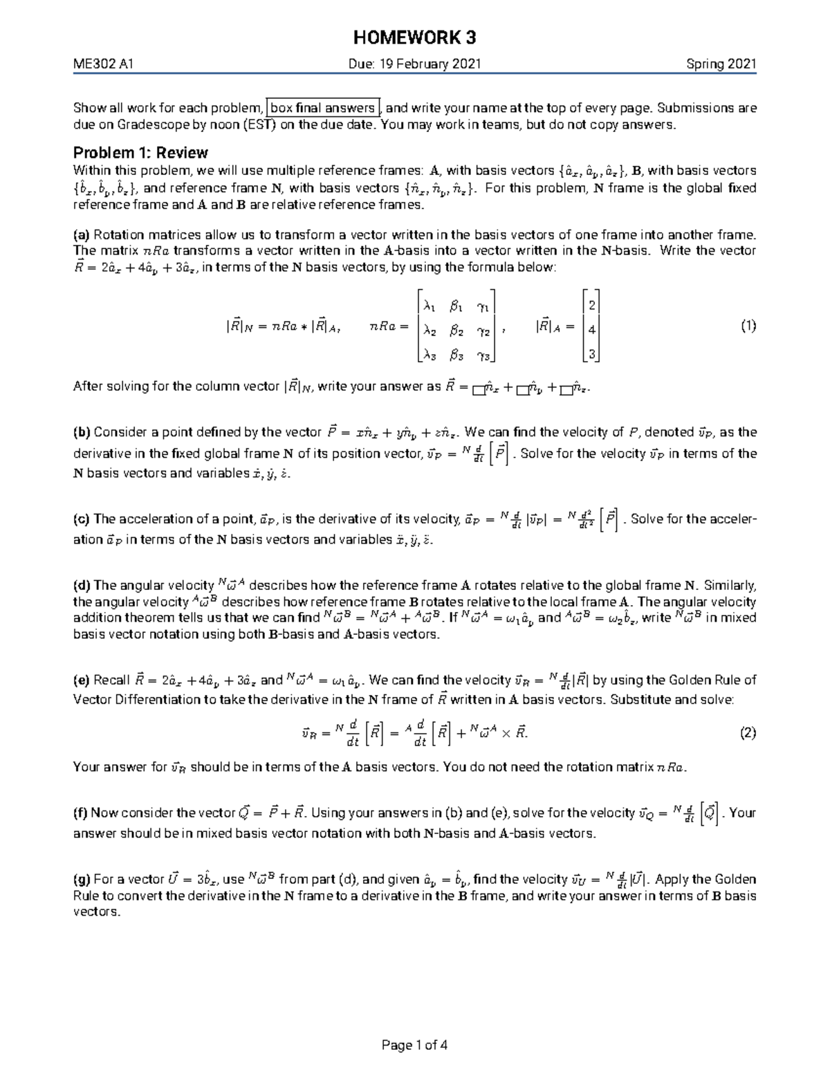 ME302 Homework 3 - Prof. Alyssa Pierson - ME302 A HOMEWORK 3 Due: 19 ...