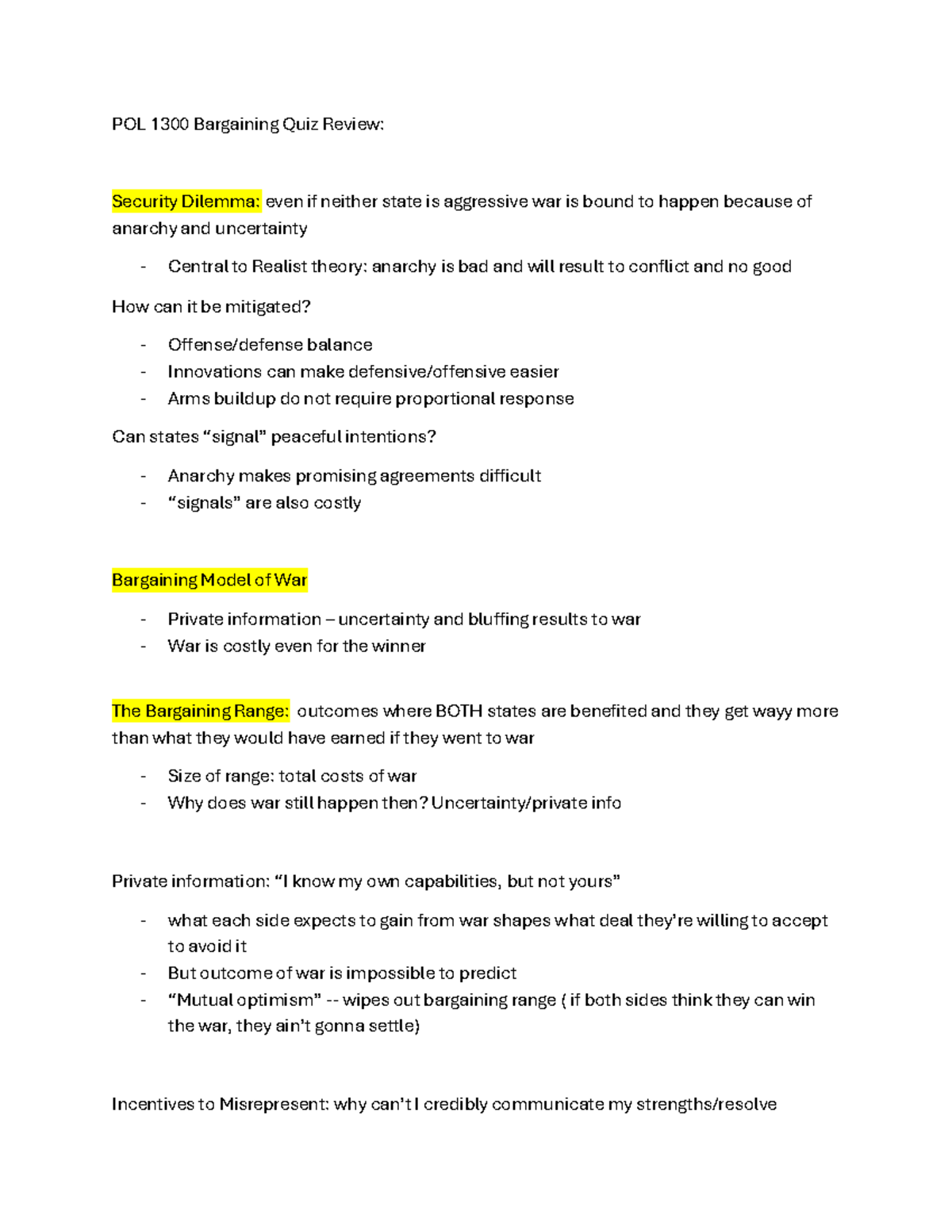 POL 1300 Quiz Review: Analyzing the Bargaining Model of War - Studocu