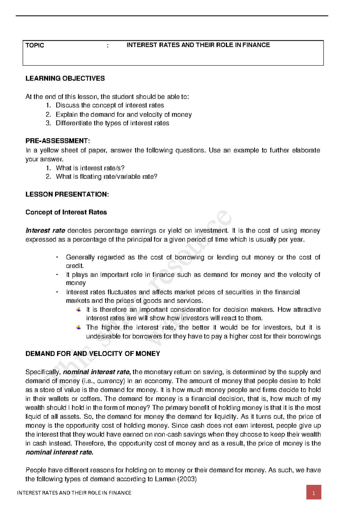 Module 5 Interest Rates - LEARNING OBJECTIVES At the end of this lesson ...