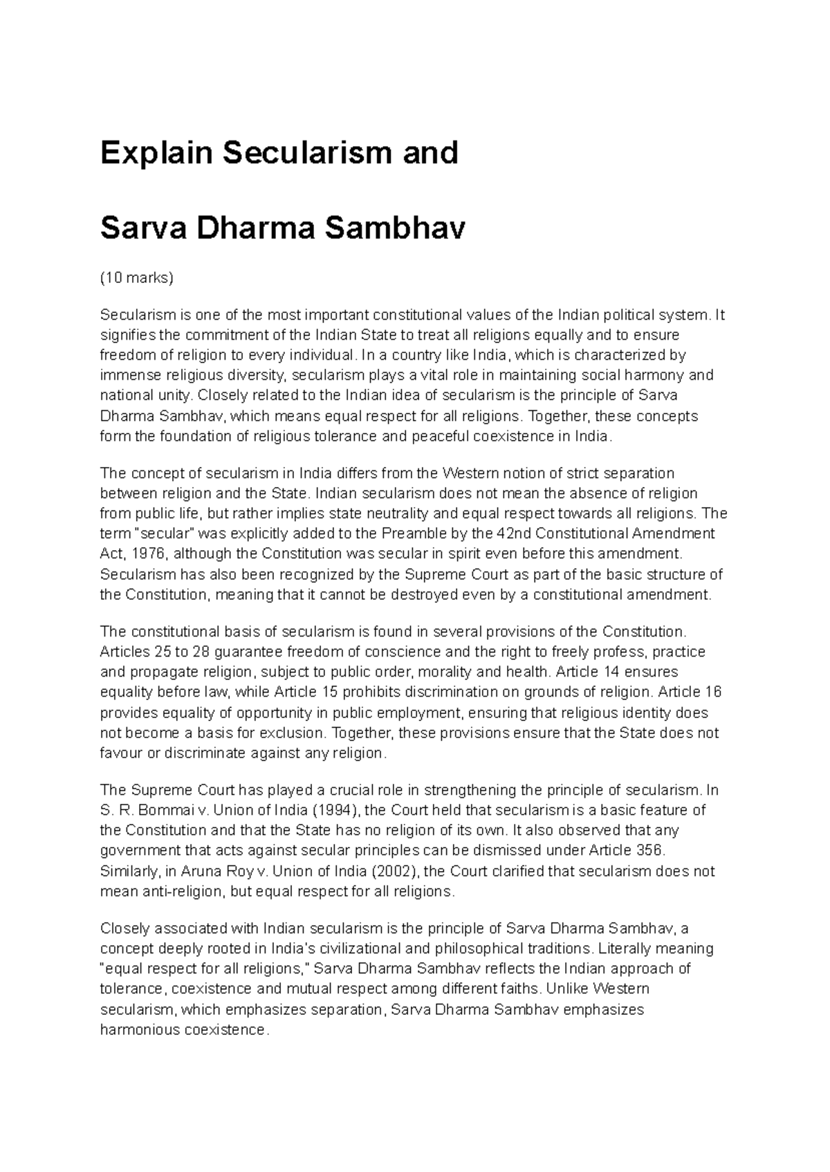 Secularism & Sarva Dharma Sambhav Explained (10 Marks) - Studocu