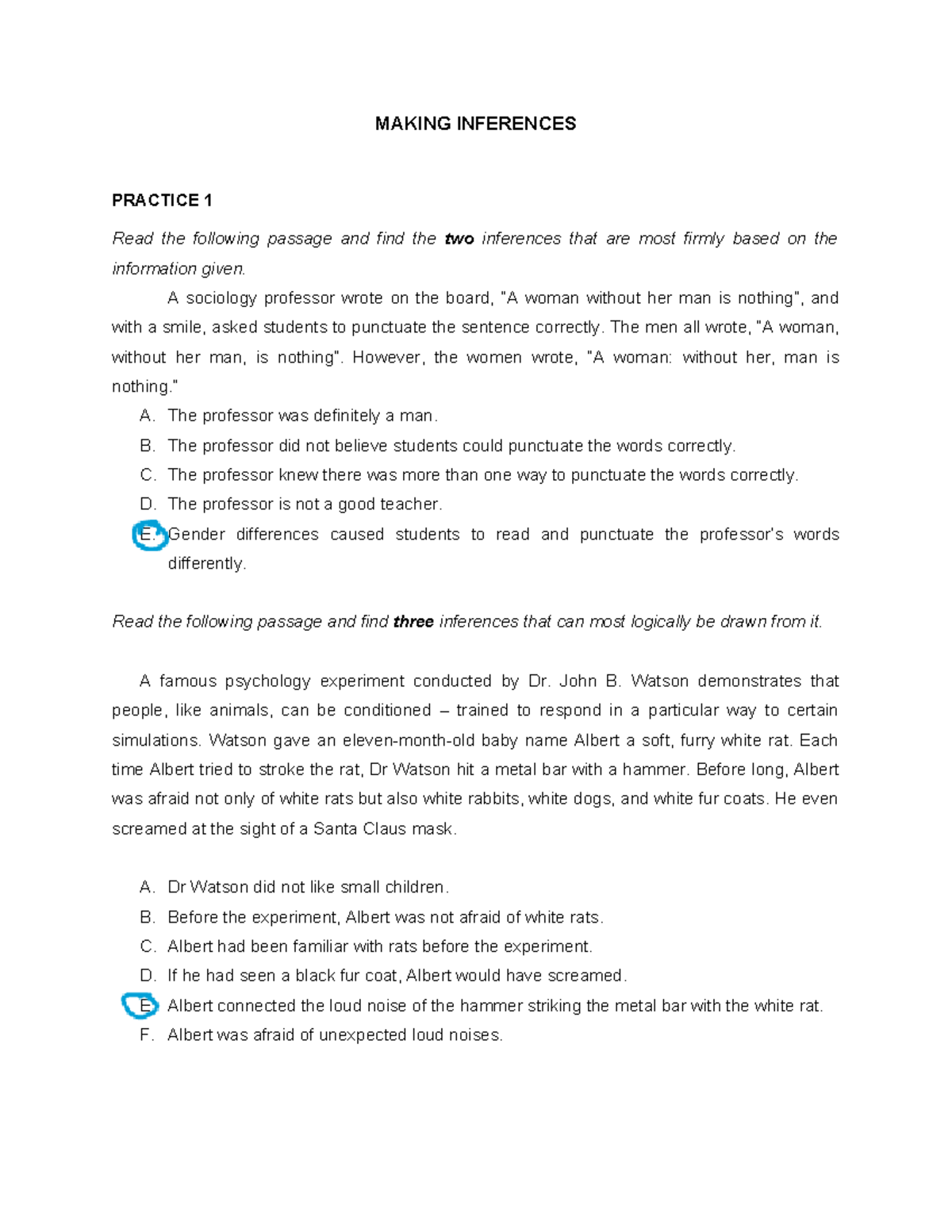 Exercises on Making Inferences and Drawing Conclusions (ENG 101) - Studocu