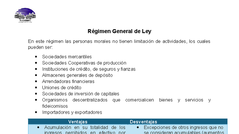 Ventajas y Desventajas del Régimen General de Ley (601) - Studocu